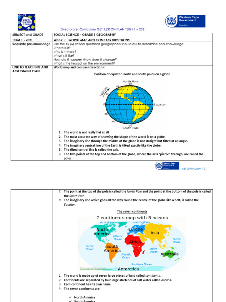Lesson Plan IP Grade 5 SS Geography T1 W1 | PDF | Learning | Knowledge