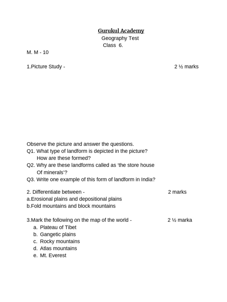 Class 6 Geography Test Questions | PDF
