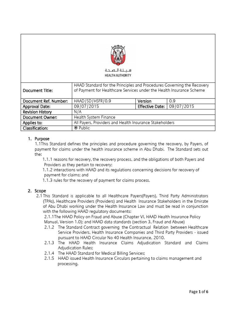 HAAD Payment Recovery Standards 2025 | PDF | Audit | Insurance