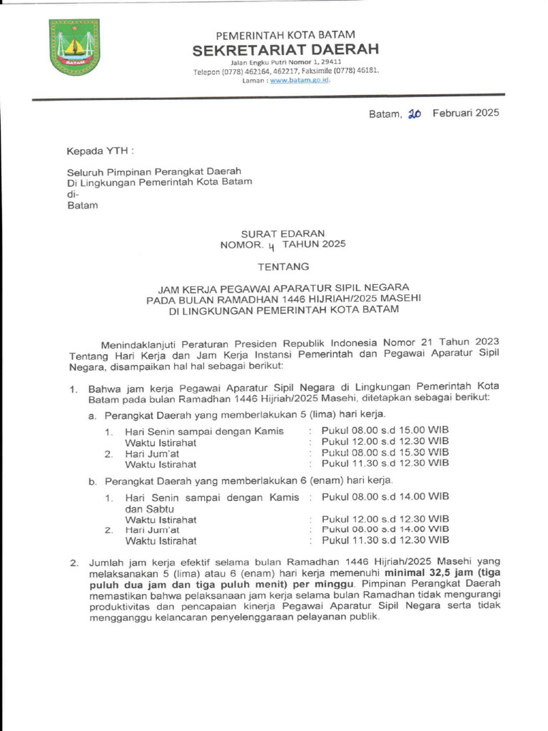 SE Tentang Jam Kerja Pegawai ASN Pada Bulan Ramadhan 1446 H20250220 - 16053438 | PDF