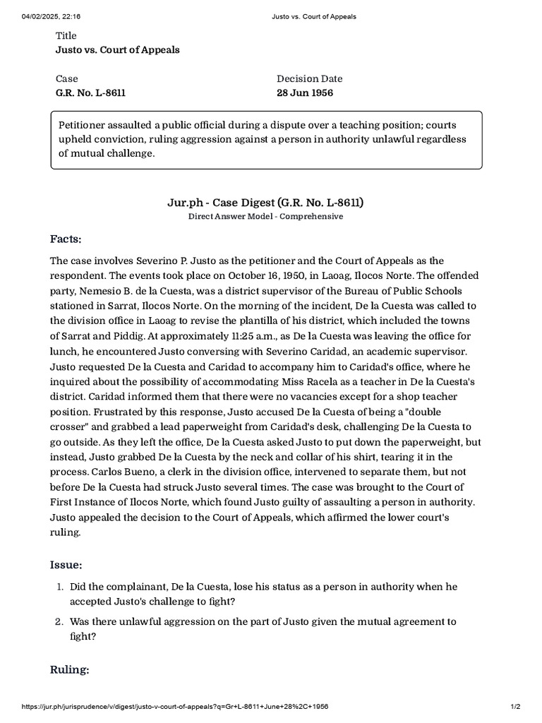Justo Assault Case Ruling Summary | PDF | Justice | Crime & Violence
