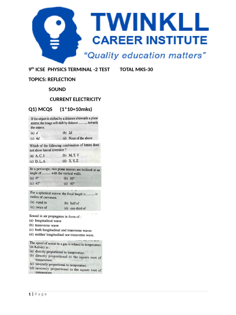 9th ICSE Reflection, Sound, Current Electricity | PDF