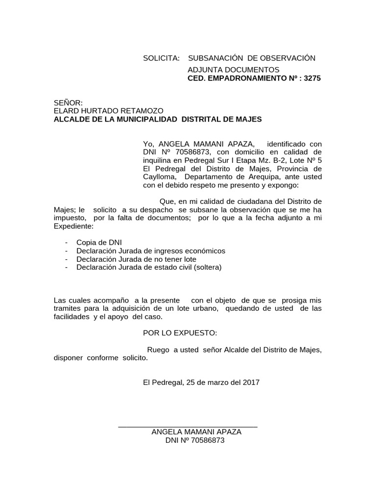 Solicitud Subsanación Documental Majes | PDF