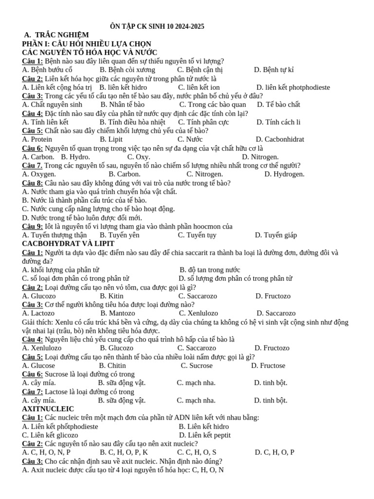 Ôn Tập Học Sinh Ck1 24-25 Sinh 10 | PDF