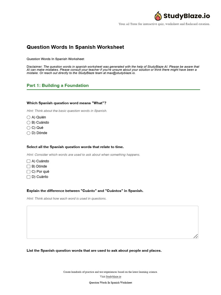 Question Words in Spanish Worksheet PDF | PDF | Question | Human ...