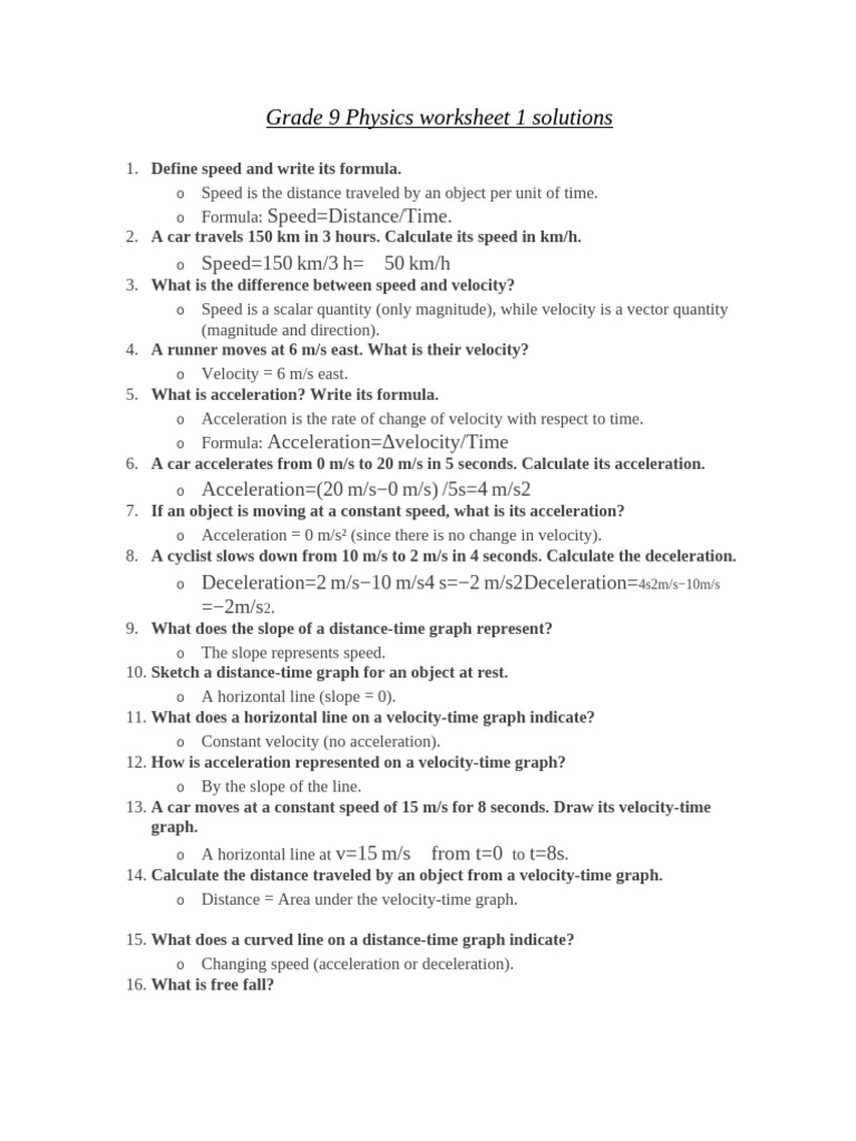 Grade 9 Physics Worksheet 1 Solutions | PDF | Force | Velocity
