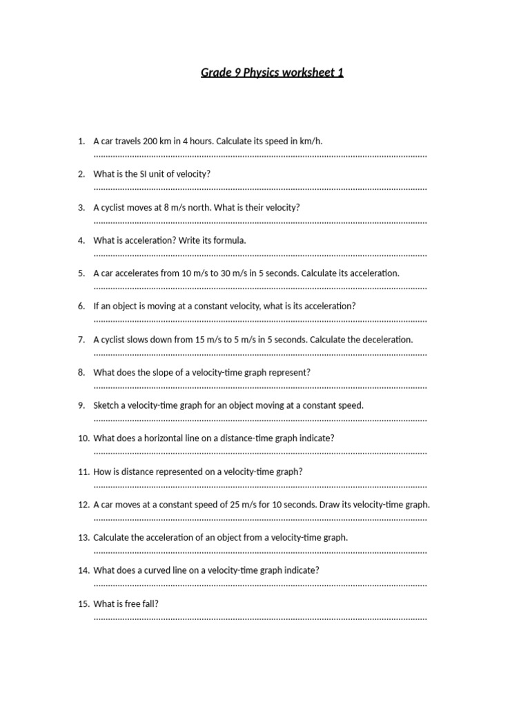 Grade 9 Physics Worksheet on Motion | PDF | Force | Weight