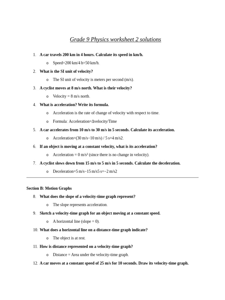 Grade 9 Physics Worksheet 2 Solutions | PDF | Force | Weight