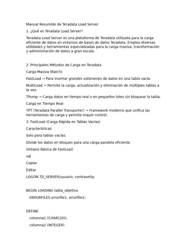 Manual de Teradata Load Server | PDF | SQL | Gestión de datos