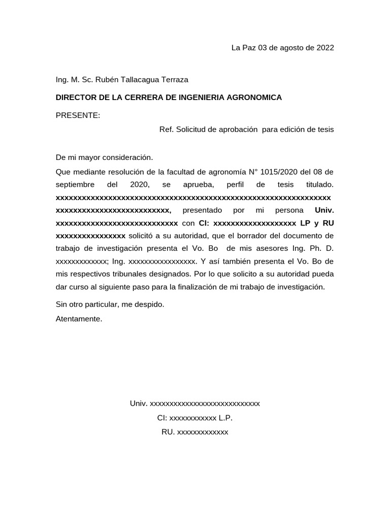 umsa Solicitud de aprobación para edición de tesis | PDF