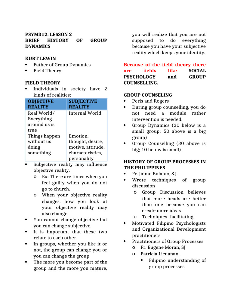 Lesson 2 - Brief History of Group Dynamics | PDF | Reality | Psychology