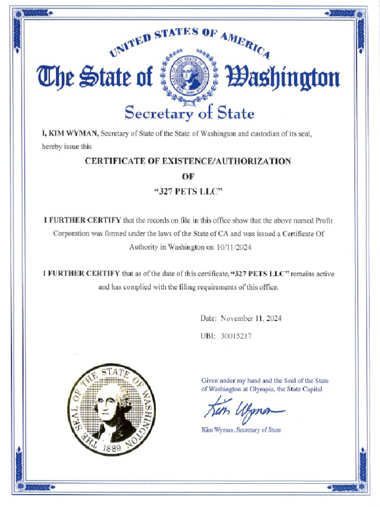Certificate of Status Washington A4 | PDF