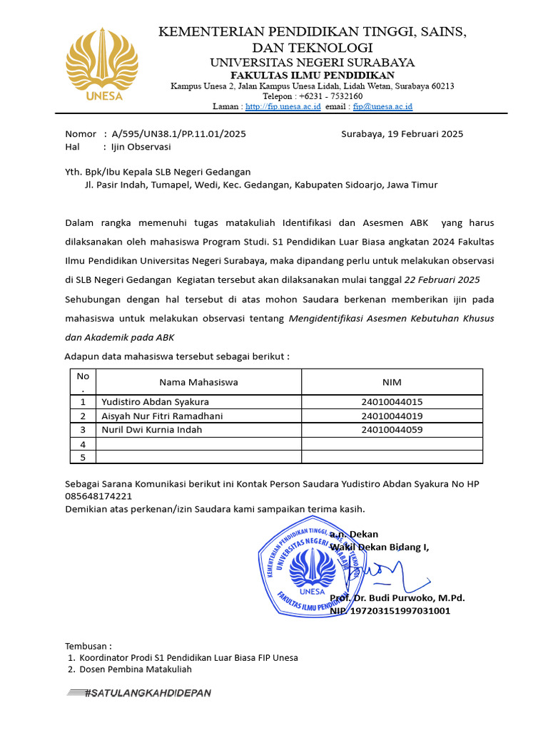 Ijin Observasi 5 Yudistiro Abdan Syakura - S1 Pendidikan Luar Biasa | PDF