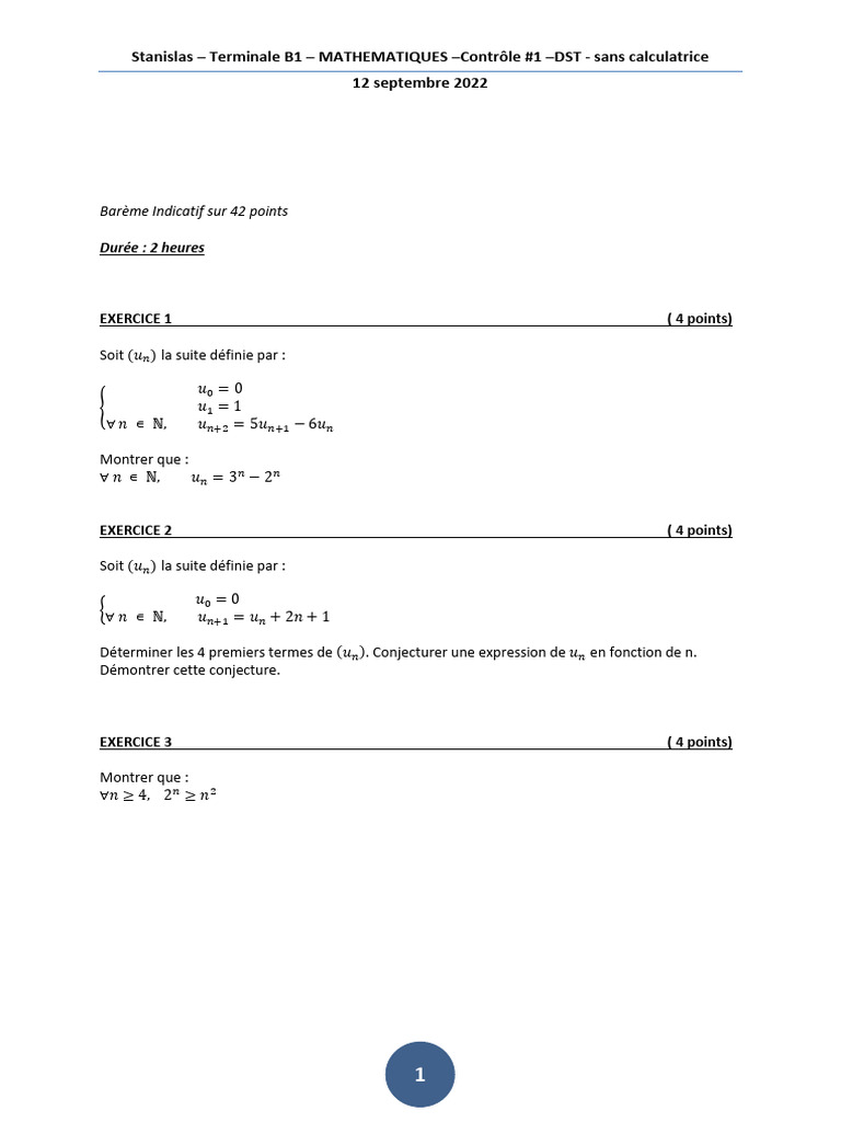 Contrôle de maths - Terminale B1 | PDF | Mathématiques