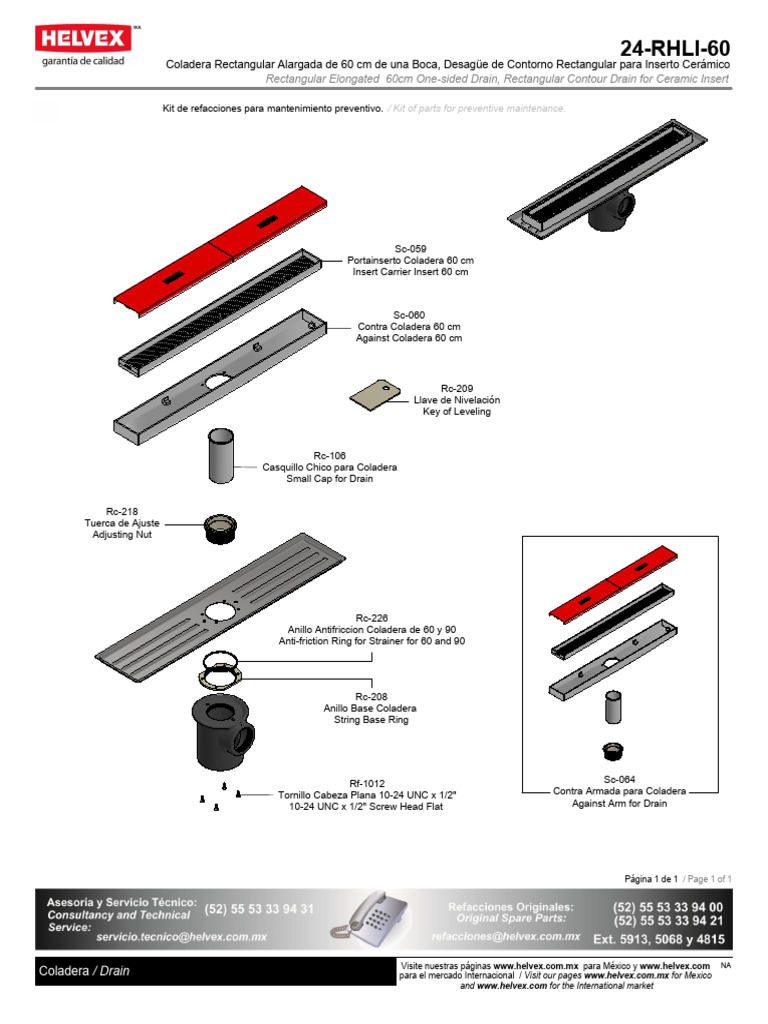 24-RHLI-60: Coladera Rectangular Alargada de 60 CM de Una Boca, Desag e de Contorno Rectangular ...