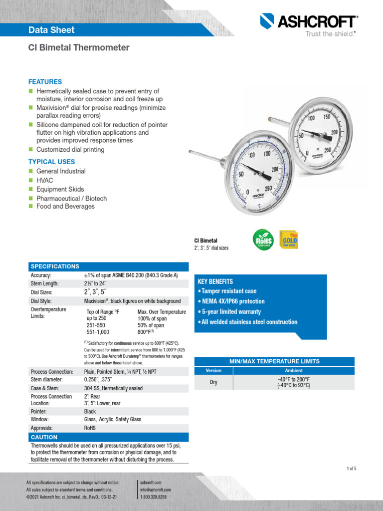 Datasheet Bimetal Ci Thermometer | PDF | Thermometer | Stainless Steel