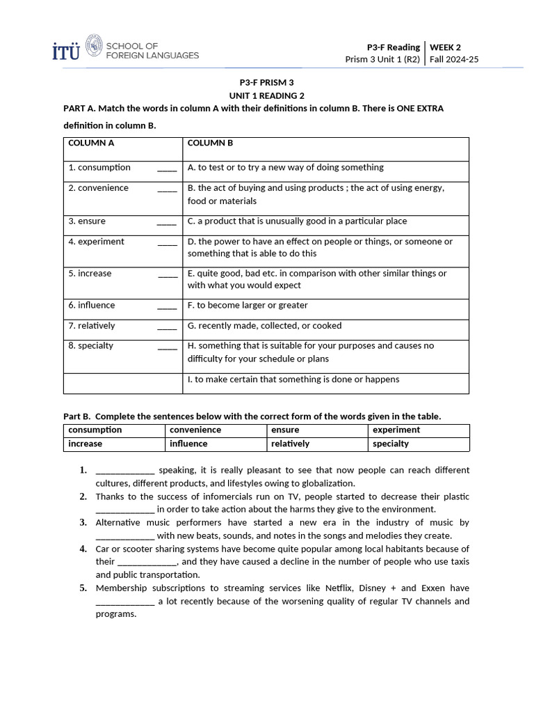 P3-F Prism 3 Reading Unit 1 R2 Vocabulary Exercise - Student | PDF