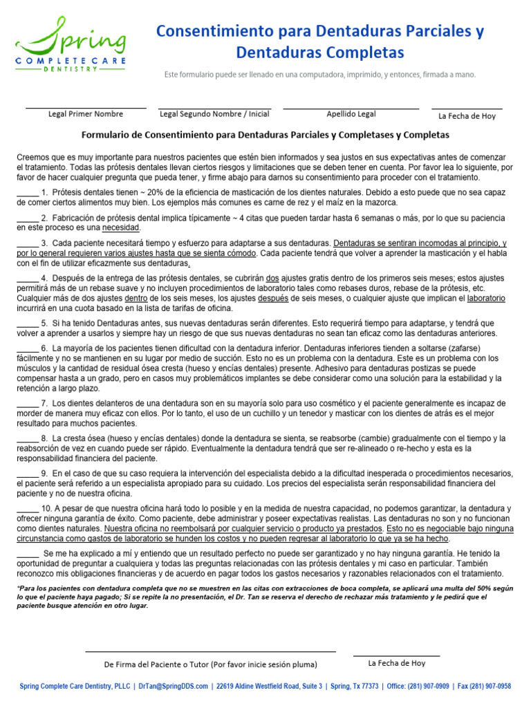 Consentimiento para Dentaduras Dentales | PDF