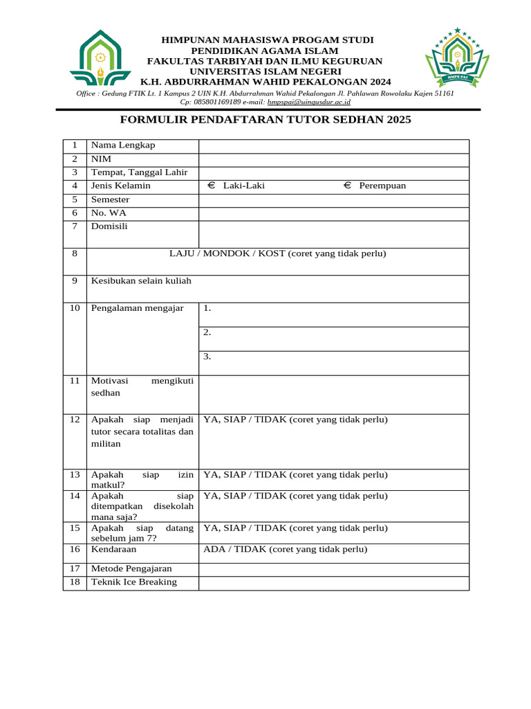 Formulir Pendaftaran Tutor Sedhan 2025 | PDF