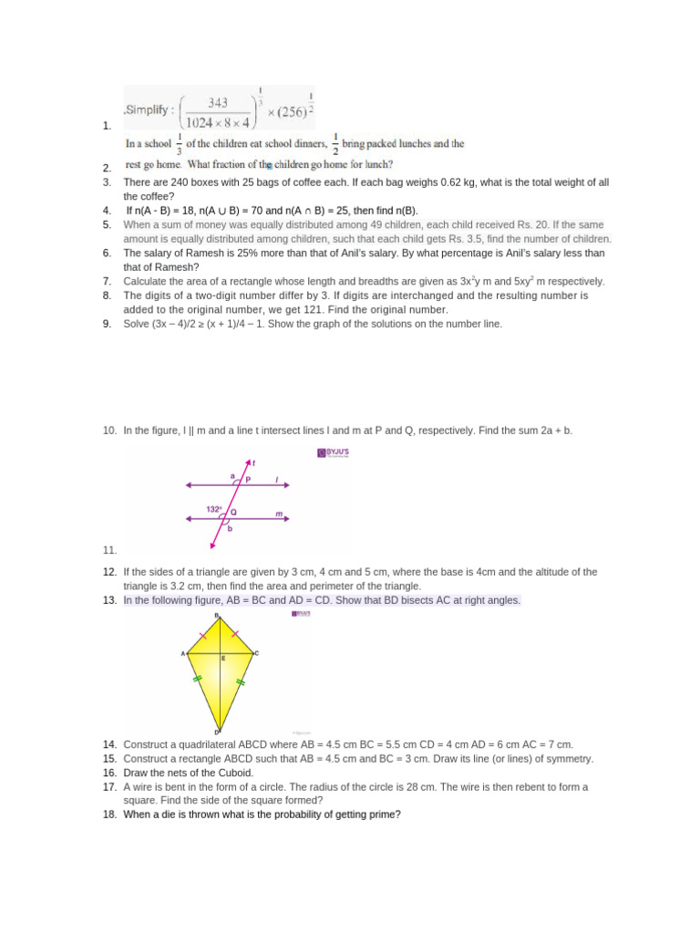 ICSE Class 7 Mathematics Sample Paper Set 13 | PDF