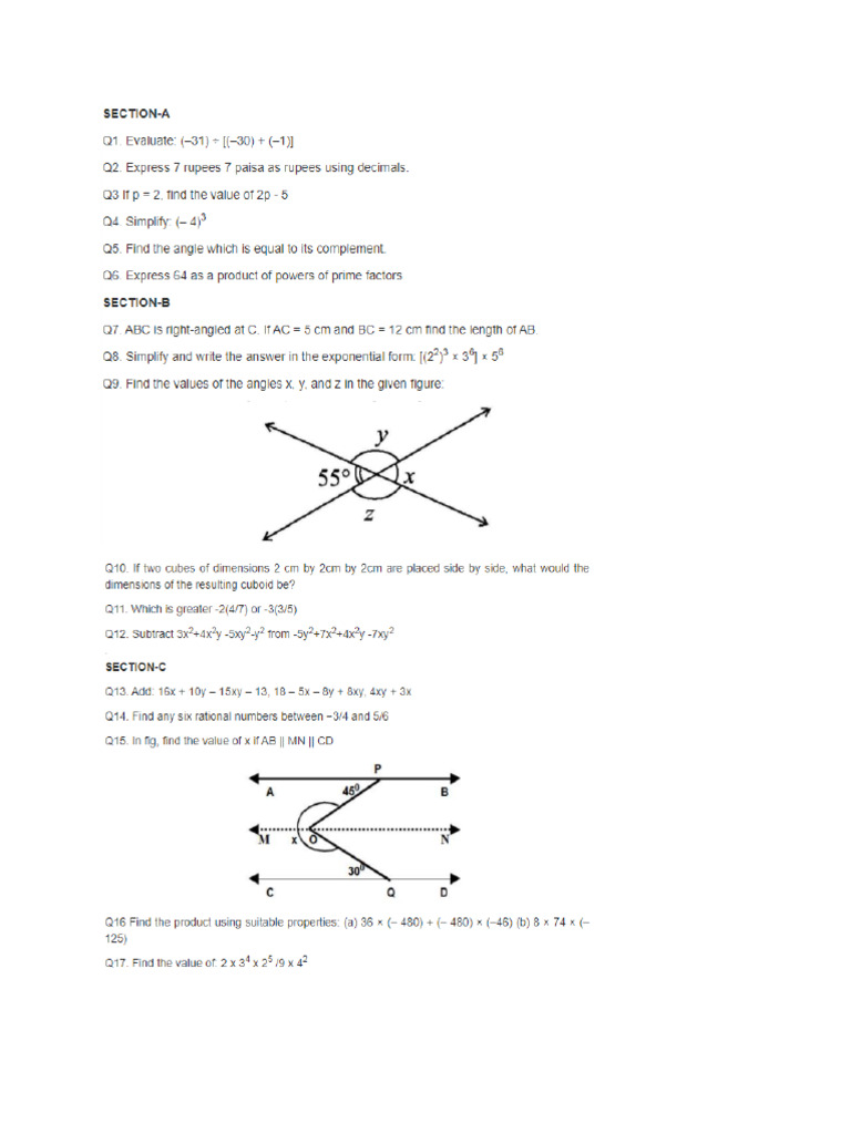 ICSE Class 7 Mathematics Sample Paper Set 11 | PDF