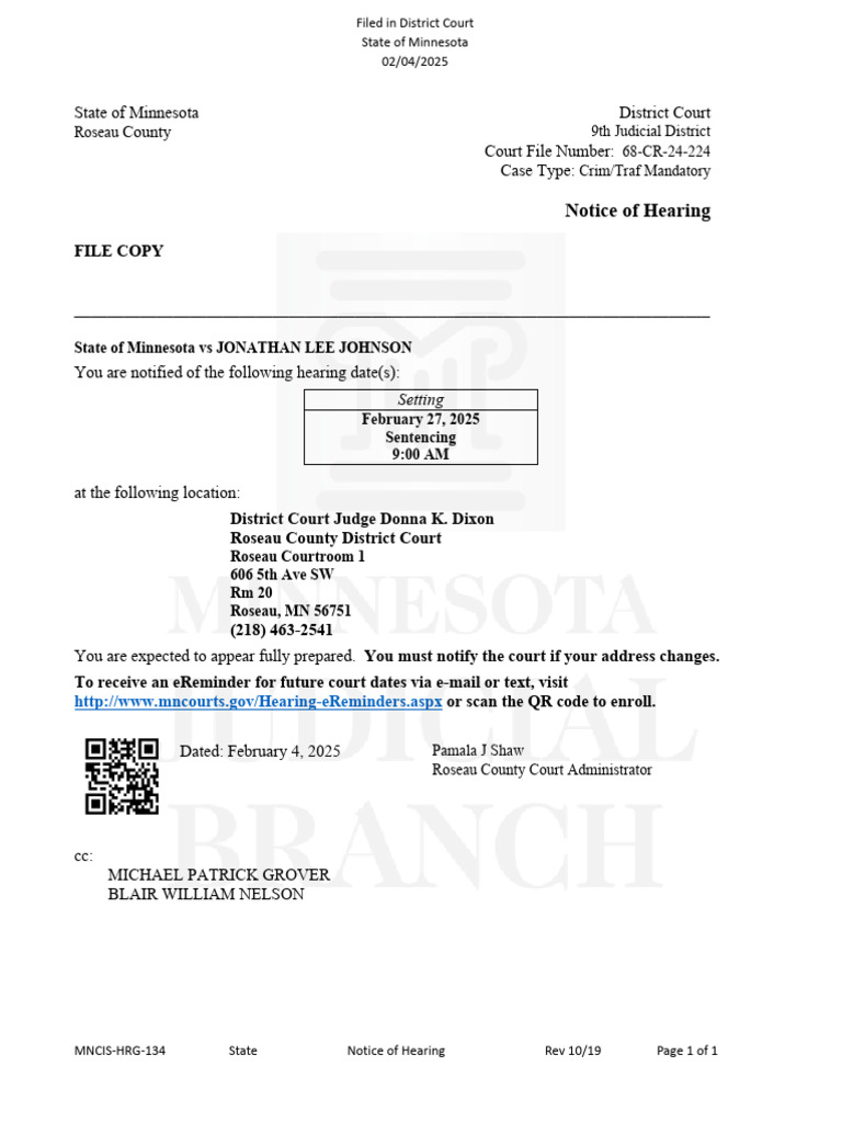 Notice of Hearing: State vs. Johnson | PDF