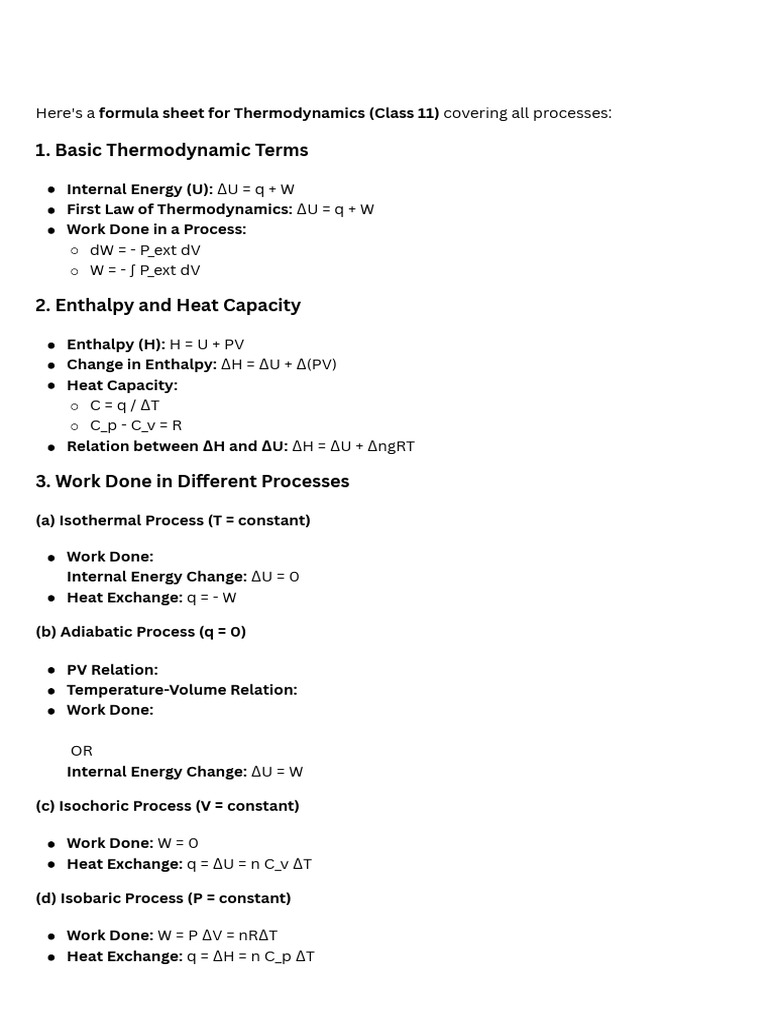 Here's A Formula Sheet For Thermodynamics (Class 11) Covering All ...