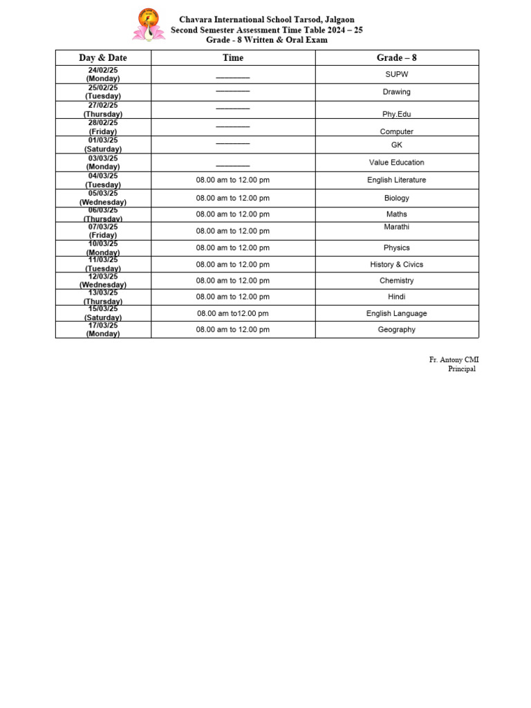 Second Semester Exam Time Table Fro G-8 | PDF
