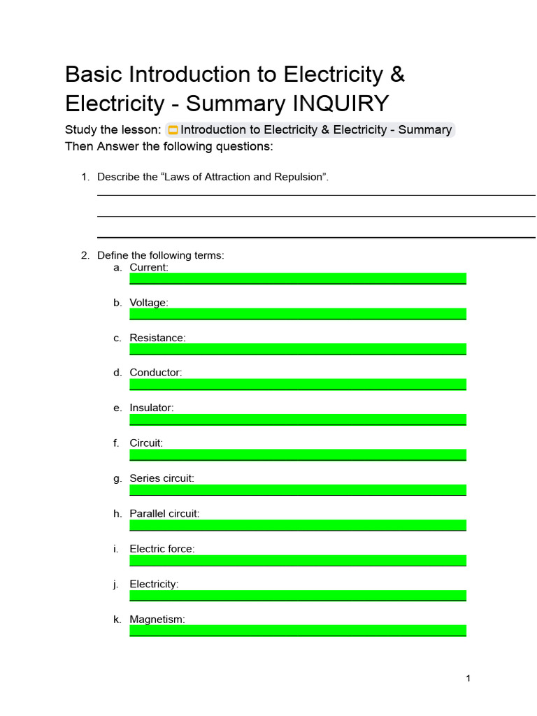 - Introduction to Electricity & Electricity - Summary INQUIRY (2) | PDF | Electric Generator ...