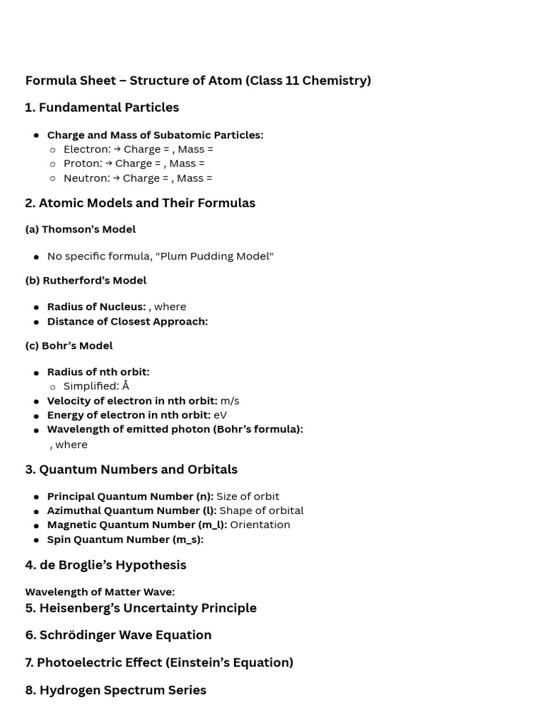 Class 11 Atomic Structure Formula Sheet | PDF