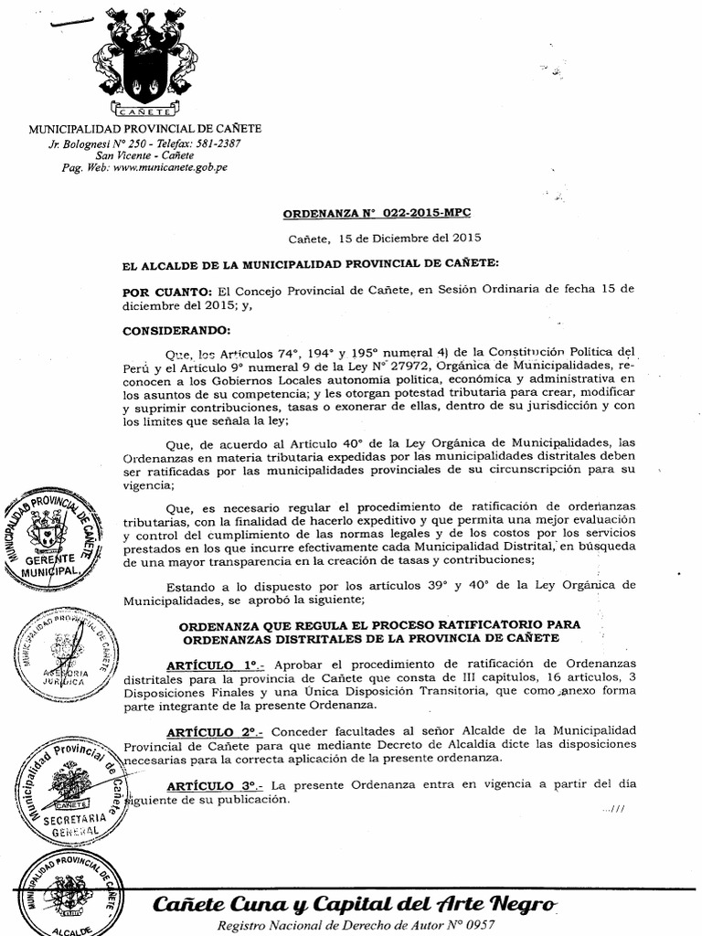 Ordenanza Municipal 022 2015 MPC | PDF