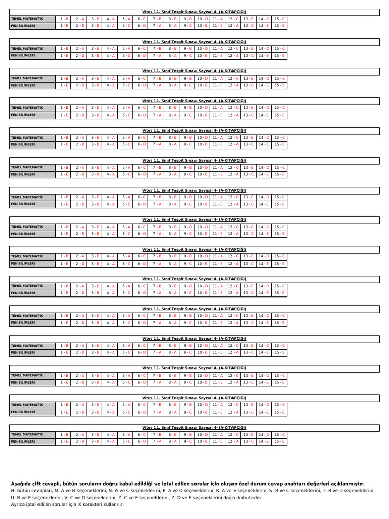 Vites 11. Sınıf Tespit Sınavı Sayısal 4 - Cevap Anahtarı - 19-02-2025 | PDF