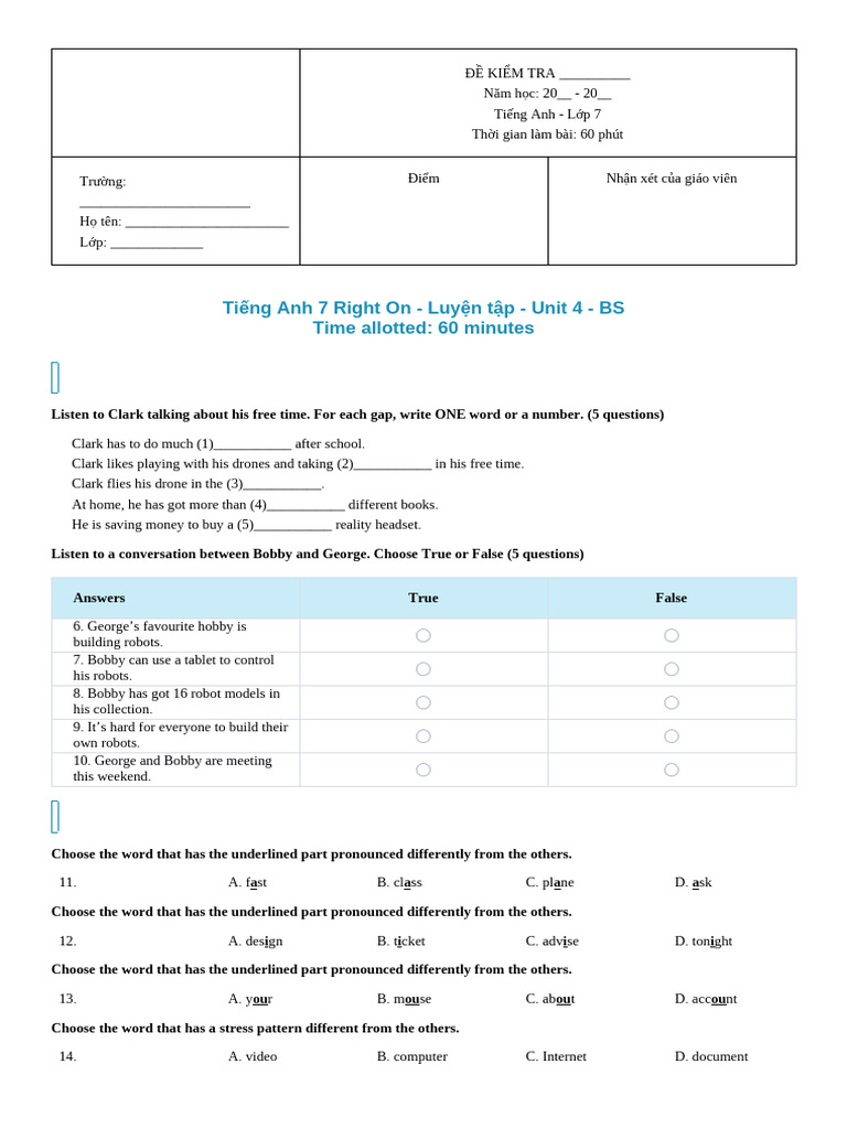 Tiếng Anh 7 Right On - Luyện Tập - Unit 4 - BS - 1 | PDF | Video Games | Computer Keyboard