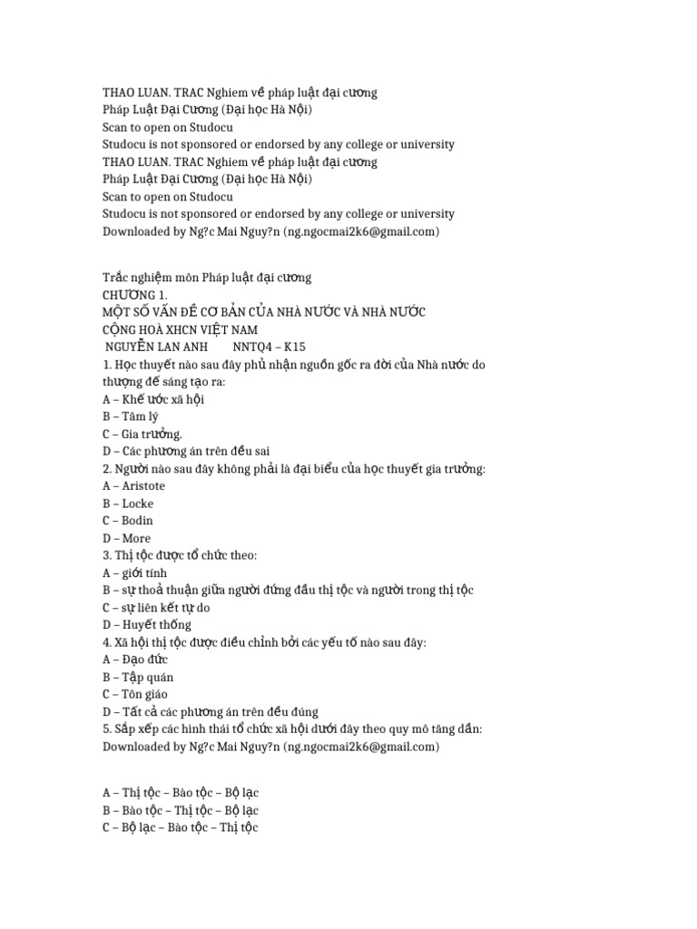 Thao Luan Trac Nghiem Ve Phap Luat Dai Cuong | PDF