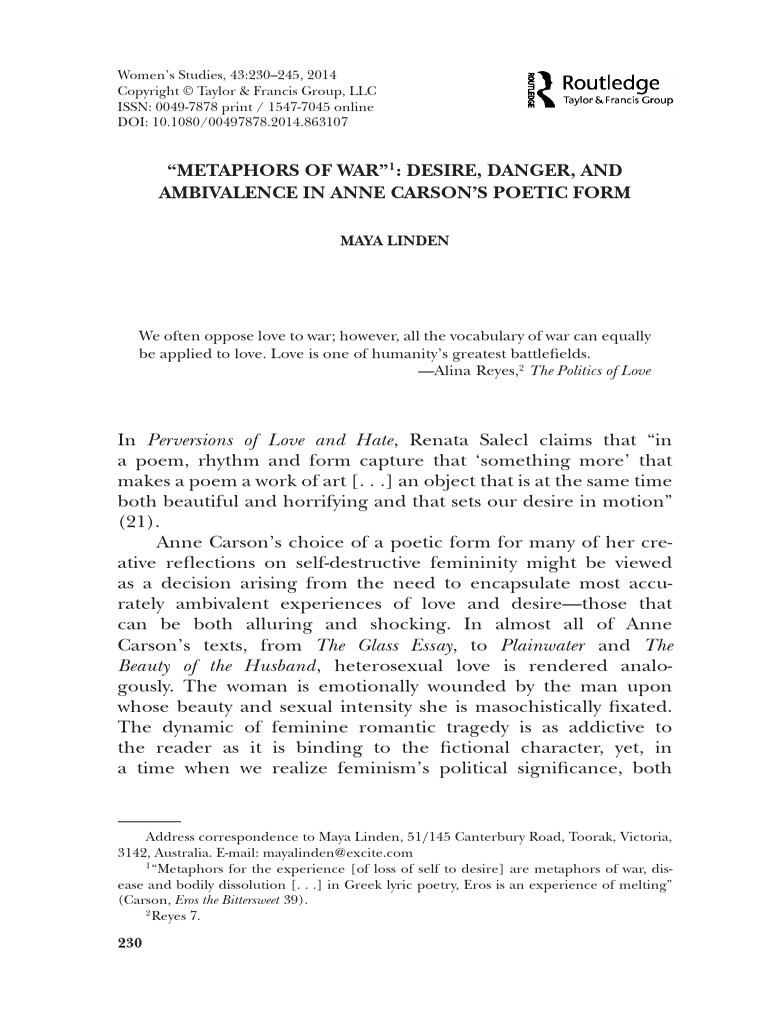 “METAPHORS OF WAR” DESIRE, DANGER, AND AMBIVALENCE - Maya Linden | PDF ...