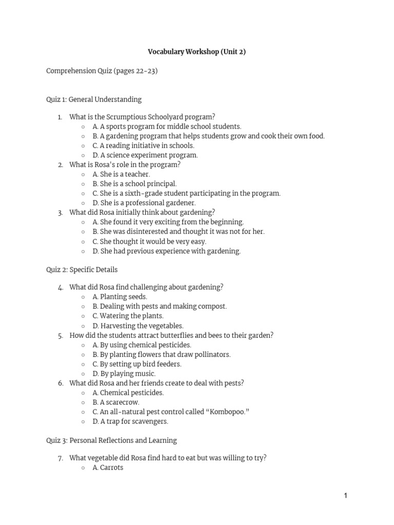 Vocabulary Workshop Homework (Unit 2) | PDF | Vegetables | Plants