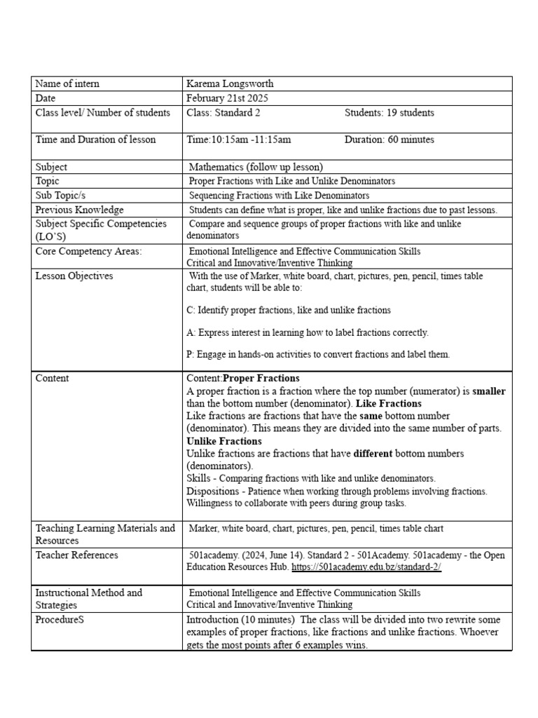 Proper Fractions Lesson Plan for Standard 2 | PDF | Education Theory ...