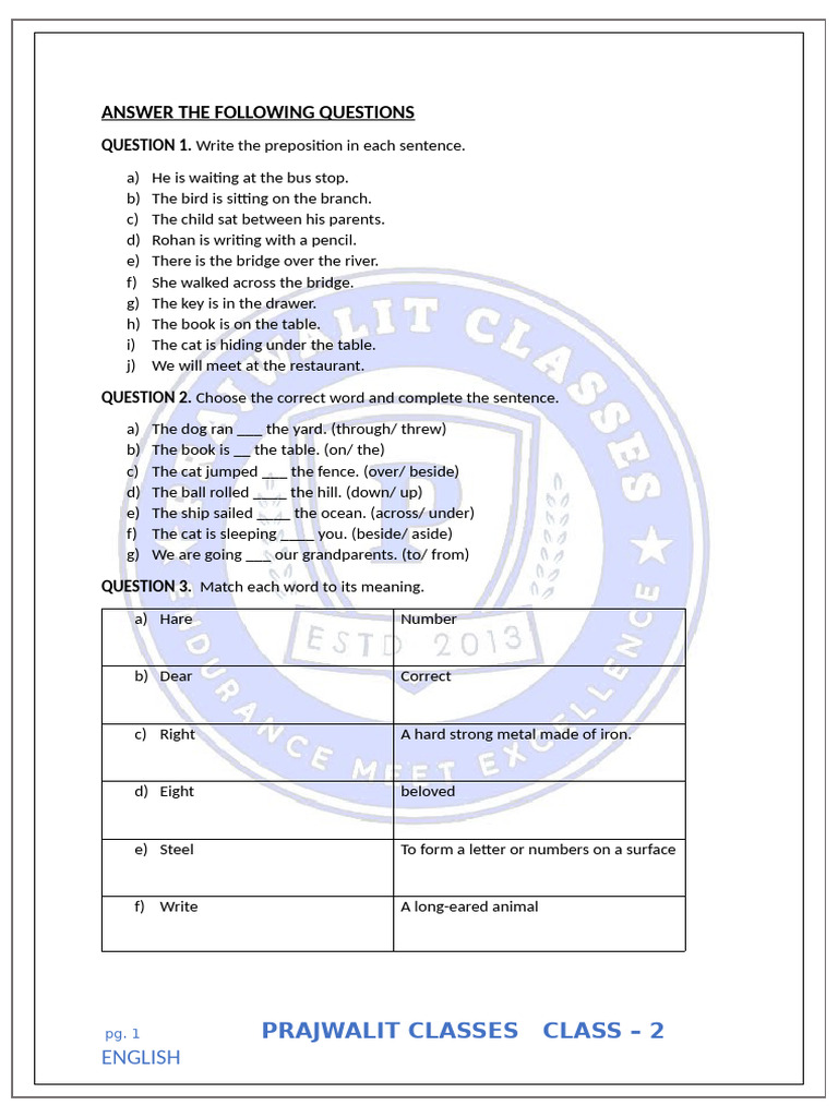 Class 2 English Test Questions | PDF