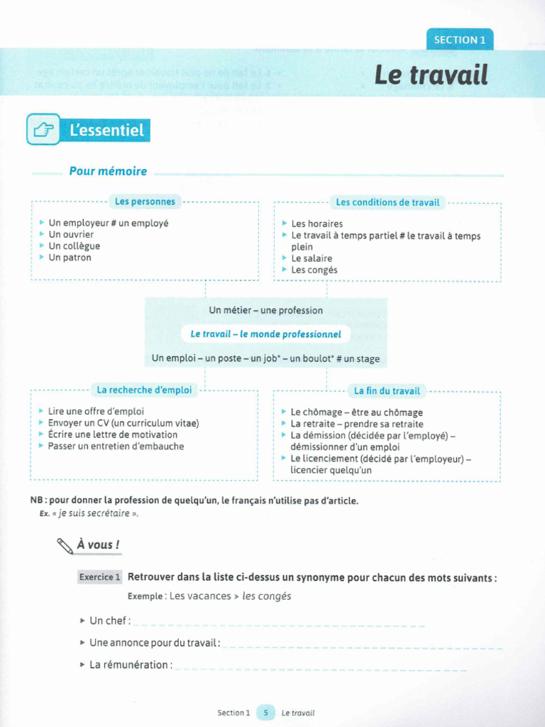 Lexique Et Exercices Travail Et École | PDF
