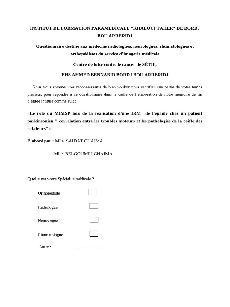 Questionnaire sur l'IRM de l'épaule et Parkinson | PDF | Maladie de ...