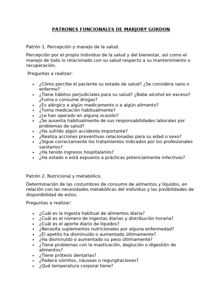 Patrones Funcionales de Marjory Gordon | PDF | Alimentos | Dormir