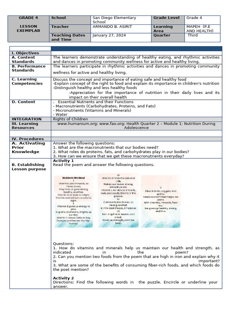 Grade 4 Healthy Eating Lesson Plan | PDF | Foods | Nutrition