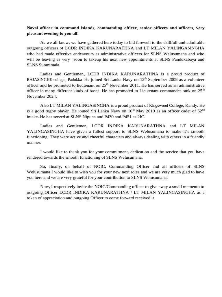 Farewell Speech To LT Y | PDF