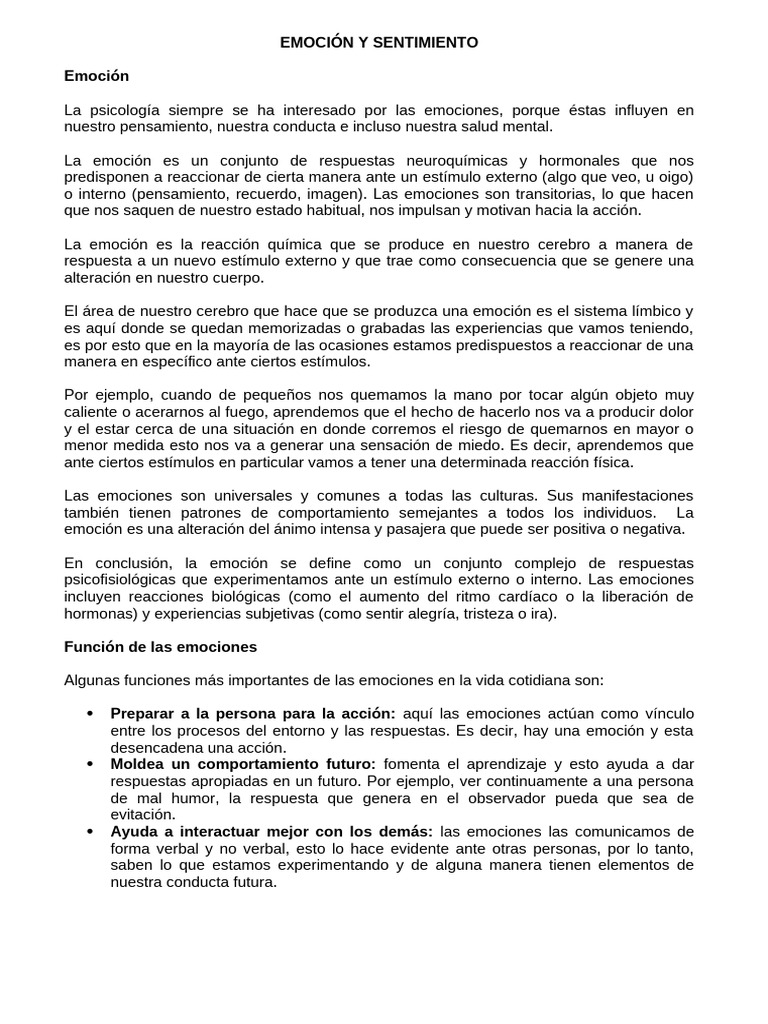 Tema 10 Emoción Y Sentimiento Pdf Las Emociones Experiencia