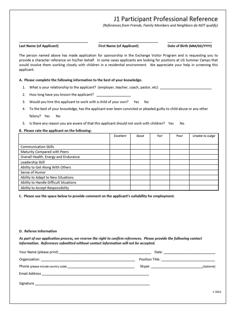 J1 ParticipantReferenceForm 2021 | PDF