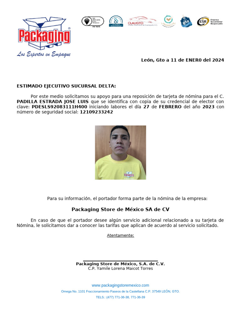 Hoja Membretada para Reposicion de Tarjeta | PDF