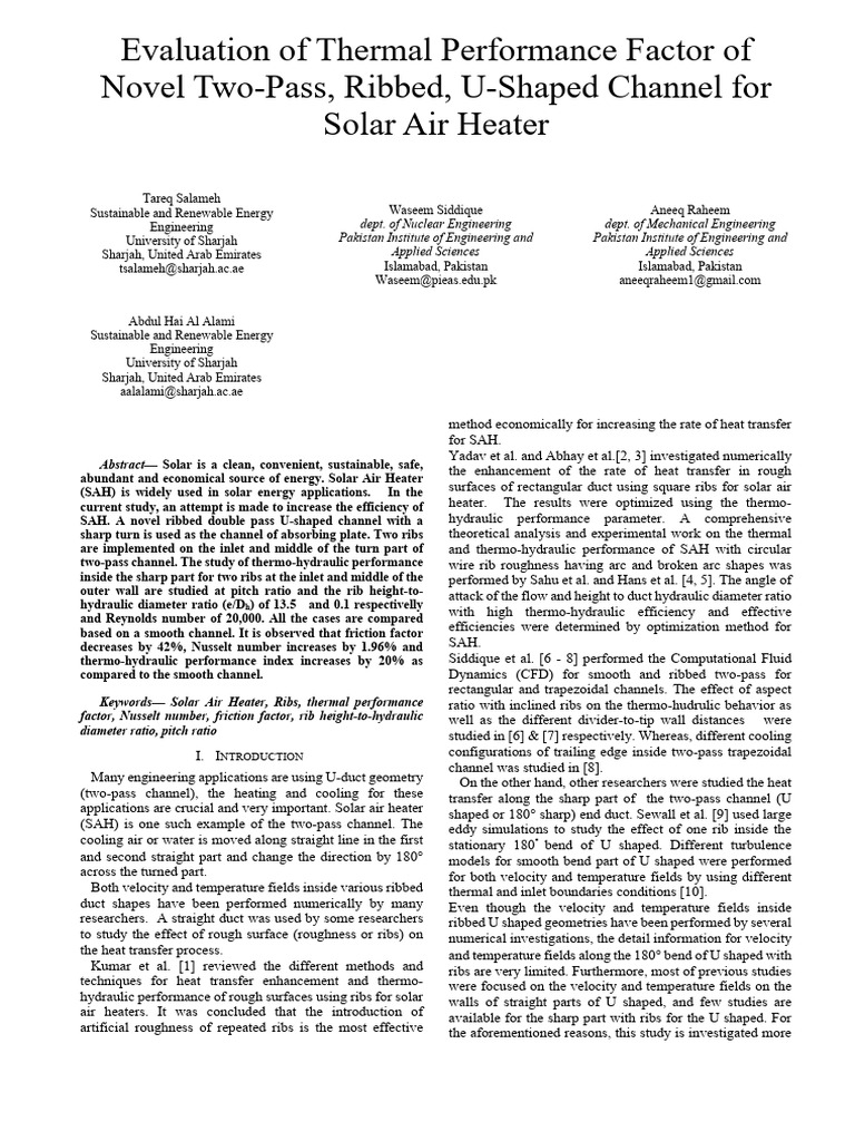 Evaluation of Thermal Performance Factor of Novel Two-Pass Ribbed U ...