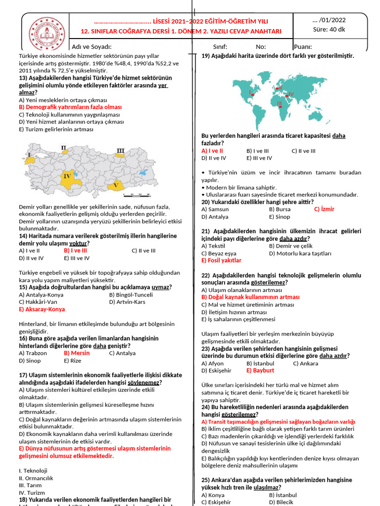 12 Sinif 1 Donem 2 Yazili Cevap Anahtari 2022 | PDF