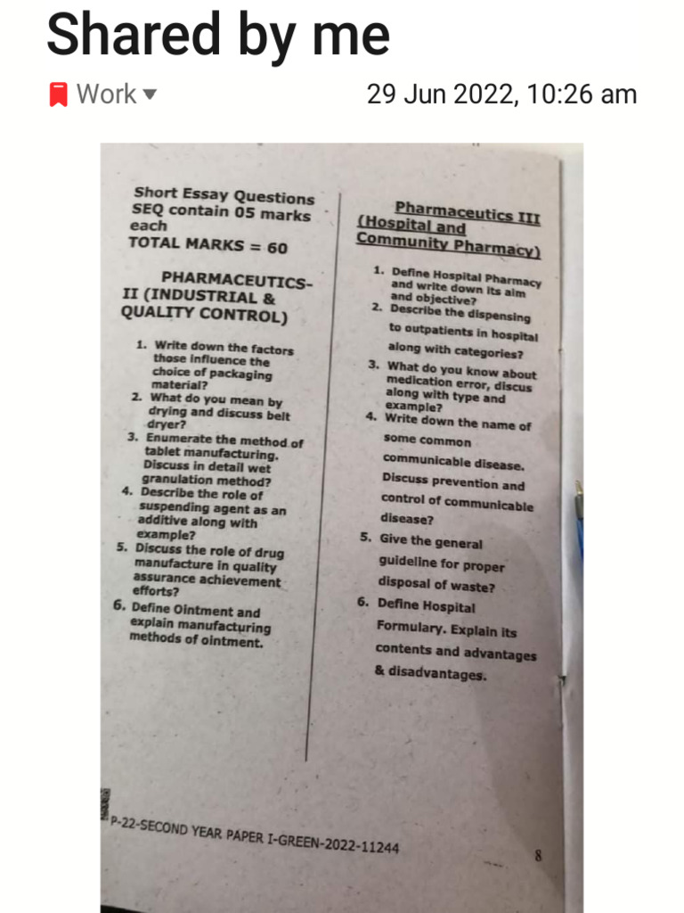 2nd Year Pharmacy Past Papers | PDF