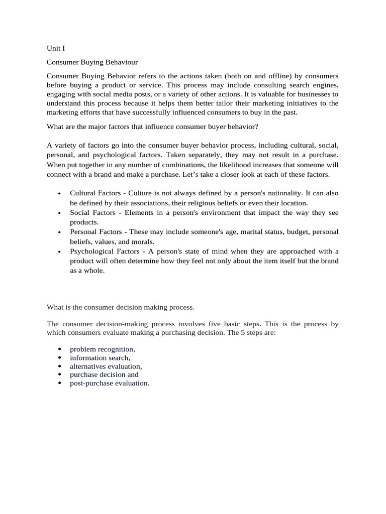 Consumer Buying Behaviour, Unit 1 | PDF